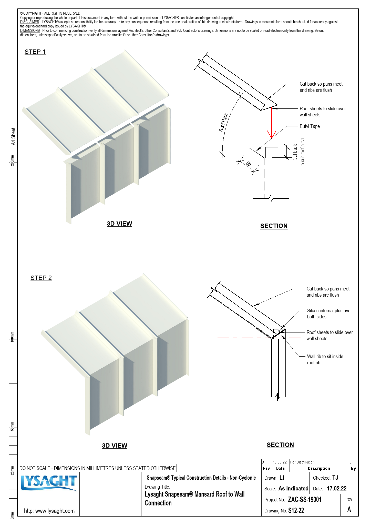 S12-22 - Lysaght Snapseam® Mansard Roof to Wall Connection - BIMcontent.com